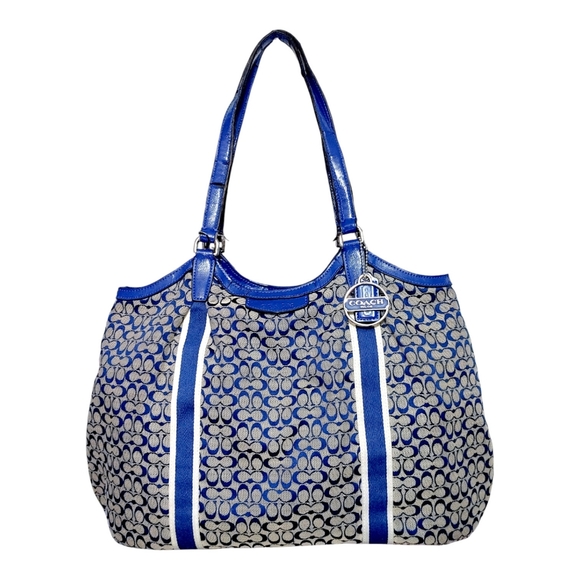 Coach | Bags | Coach Blue Gray Signature Stripe Canvas Leather Large ...